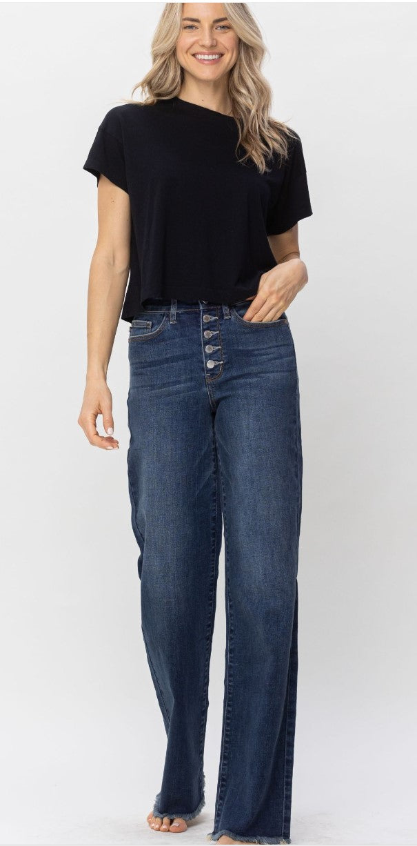 Judy Blue ~ High Waist Dark Rinse Button Fly Wide Leg Jeans ~ Style 82 ...